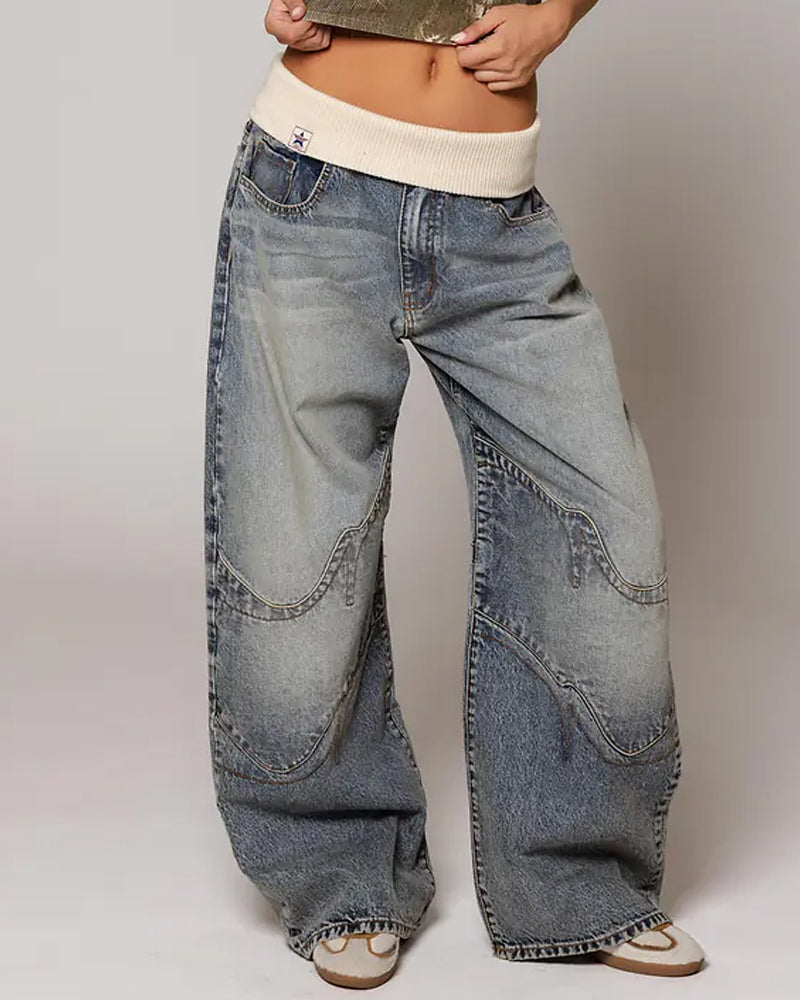 Vintage Knitted Belt Design Loose Washed Jeans – FloralShe